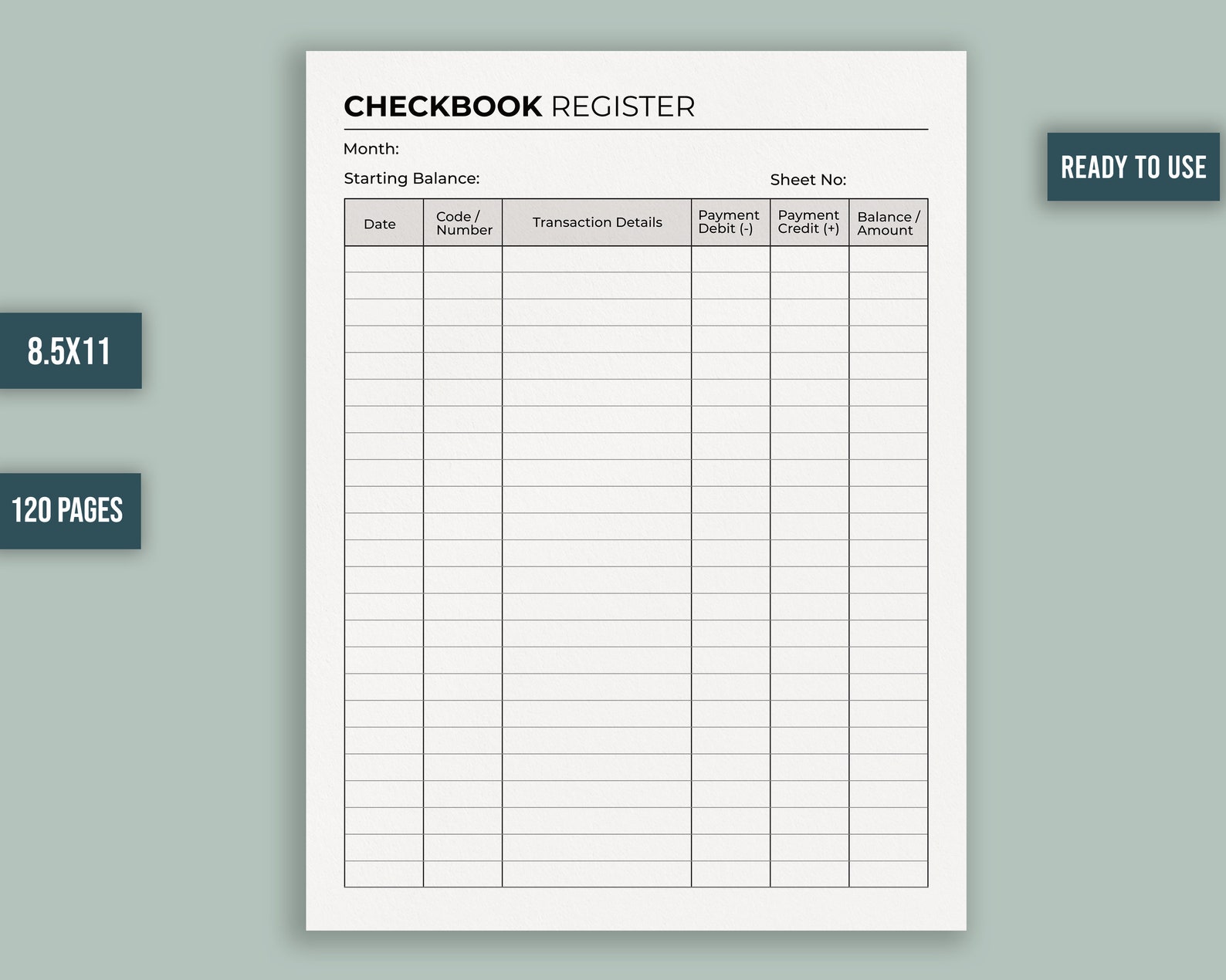 Checkbook Register Transaction Register 8.5X11 Inches 120 Pages Ready ...