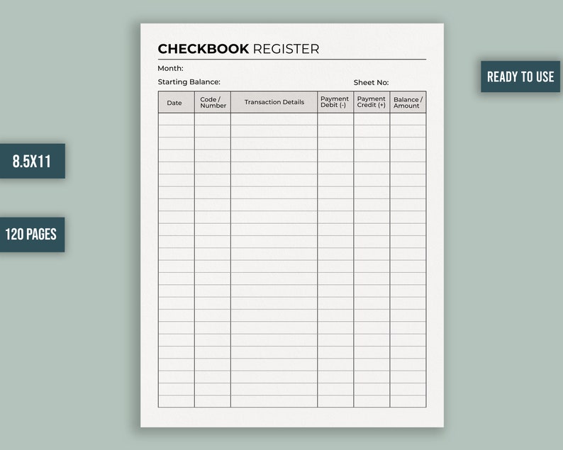 Checkbook Register Transaction Register 8.5X11 Inches 120 Pages Ready ...