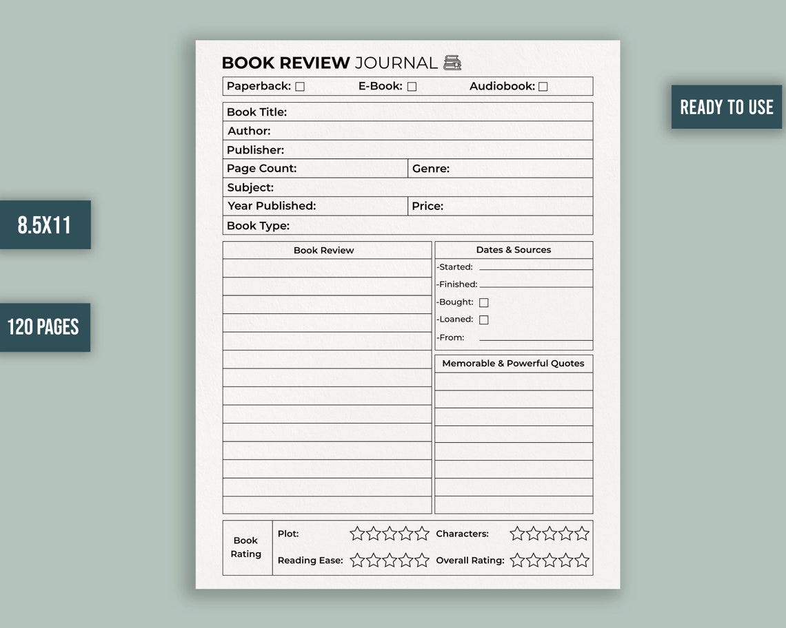 Book Review Journal KDP Interiors 120 Pages 8.5x11 Inches Ready to ...