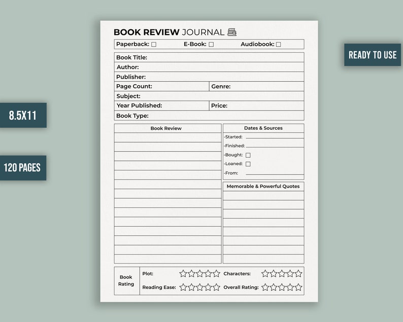 Book Review Journal KDP Interiors 120 Pages 8.5x11 Inches Ready to ...