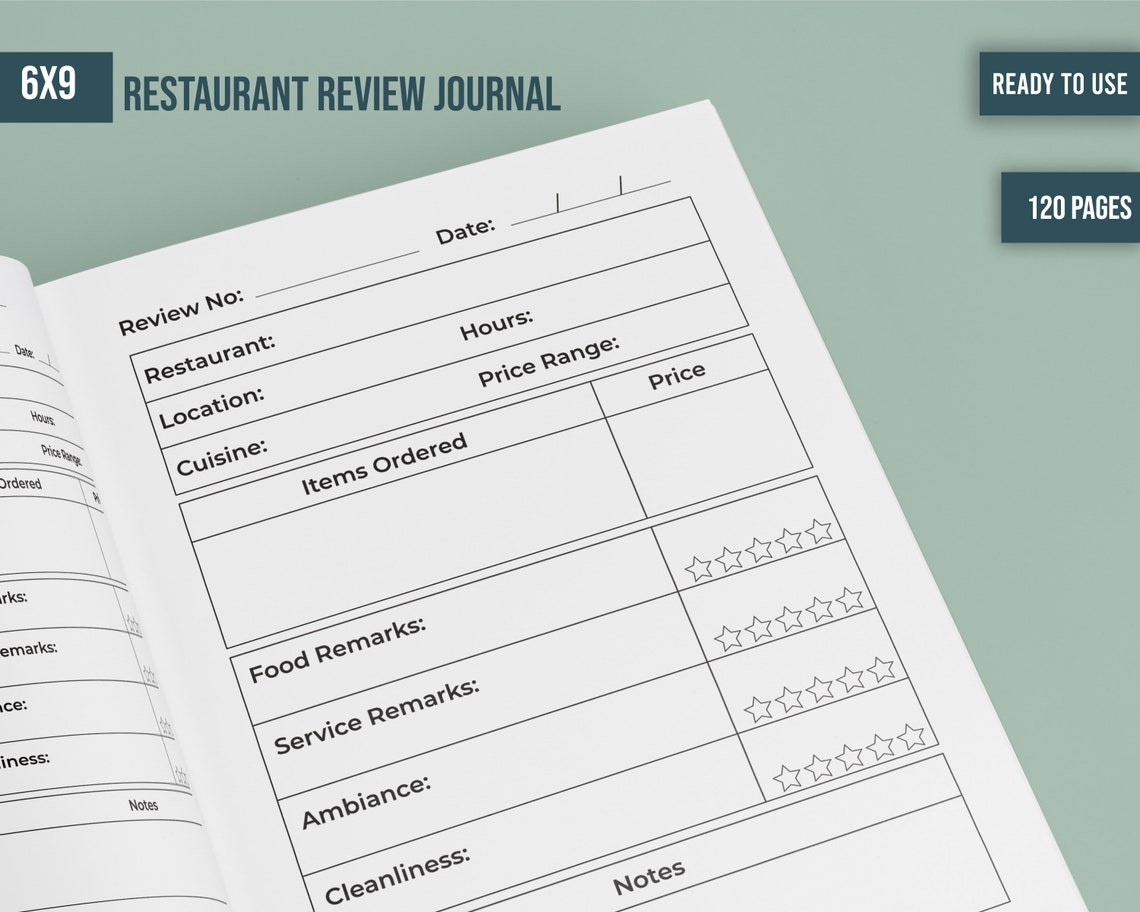 Restaurant Review Journal 6x9inches Ready to Upload PDF Commercial Use ...