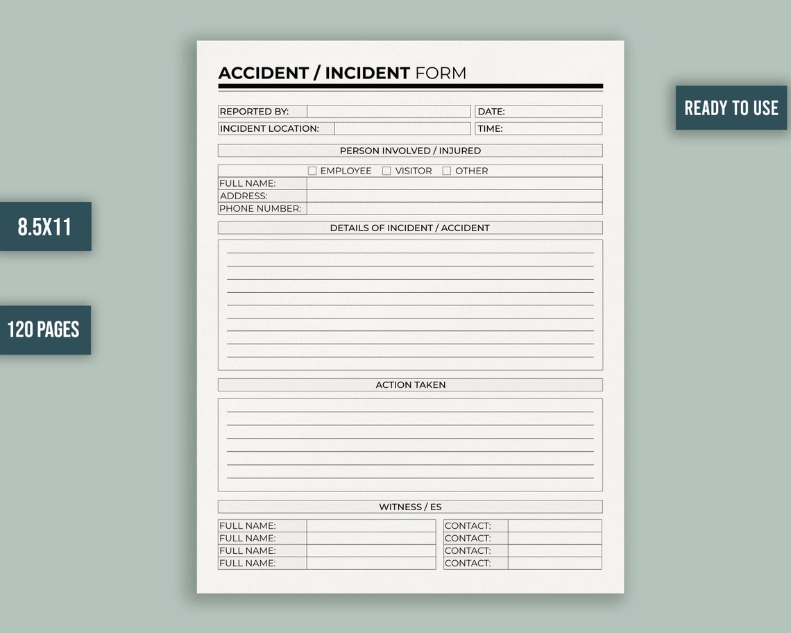 Accident Incident Report Book 120 Pages 8.5X11 Inches Ready to - Etsy
