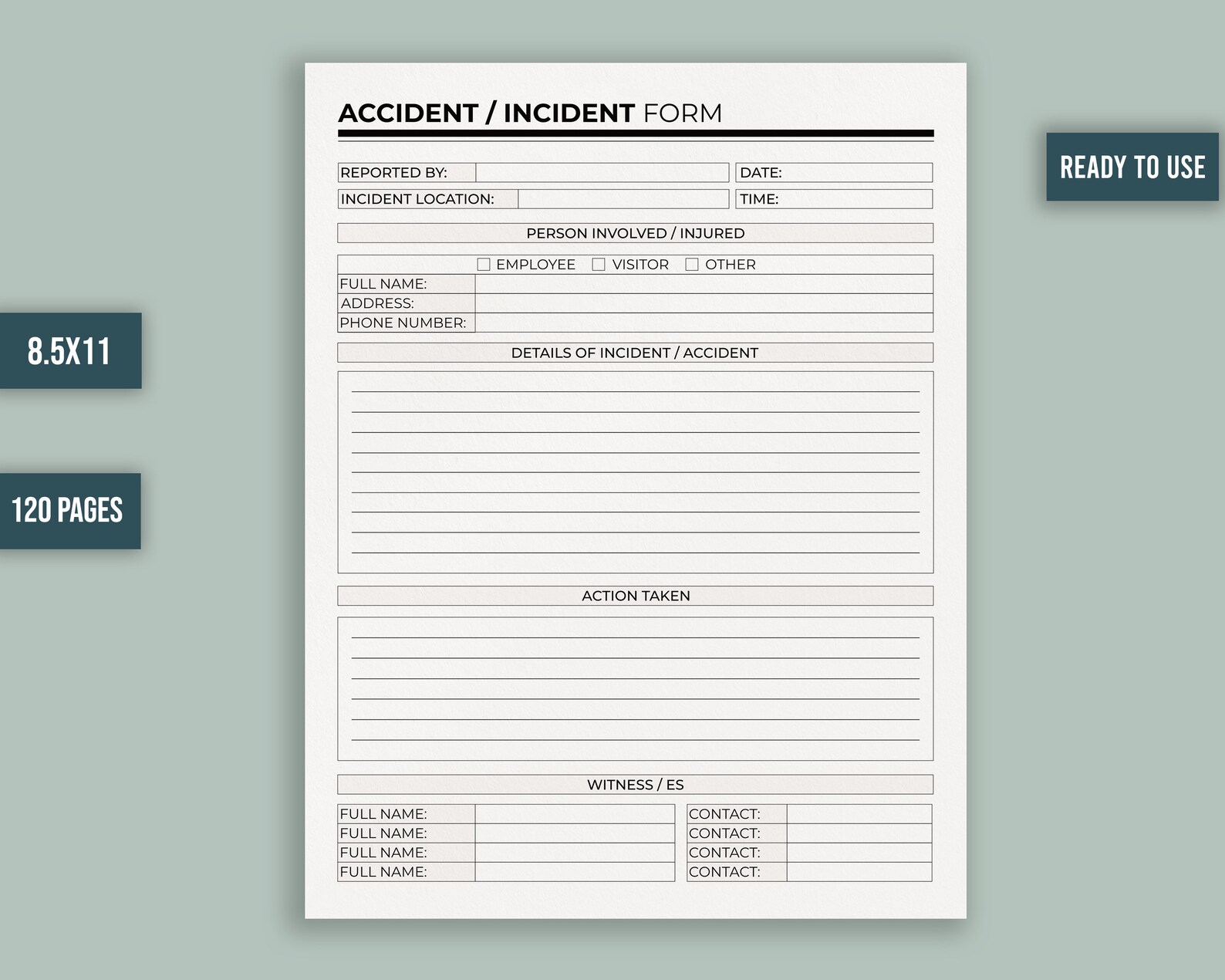 Accident Incident Report Book 120 Pages 8.5X11 Inches Ready to - Etsy