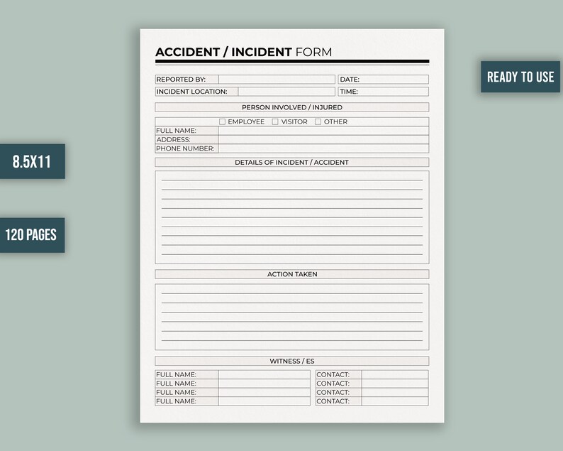 Accident Incident Report Book 120 Pages 8.5X11 Inches Ready to Upload ...