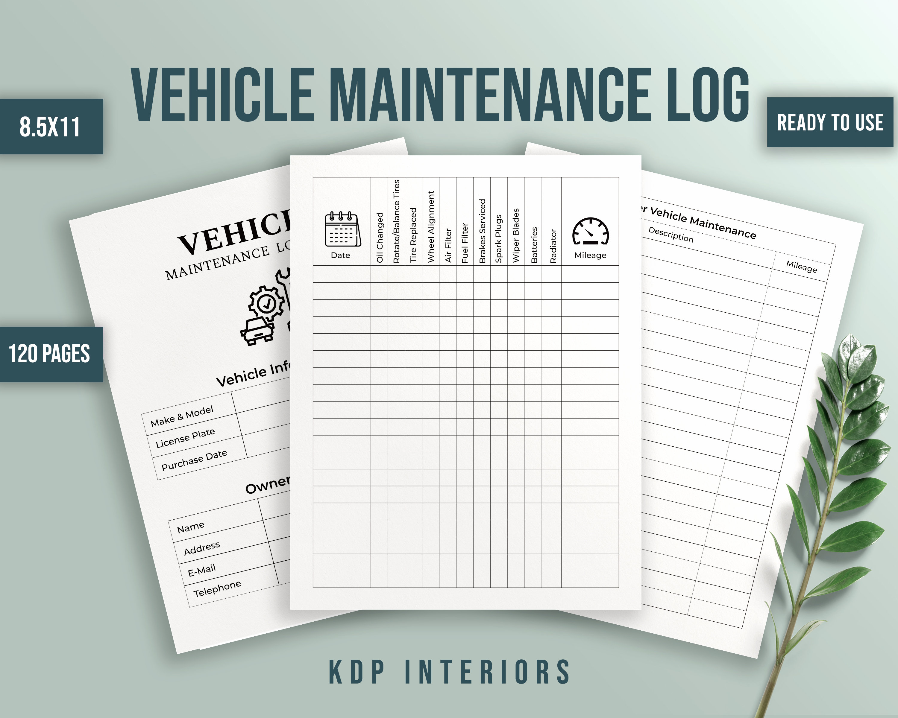 Vehicle Maintenance Logbook KDP 120 Pages 8.5x11 Ready to Upload KDP ...