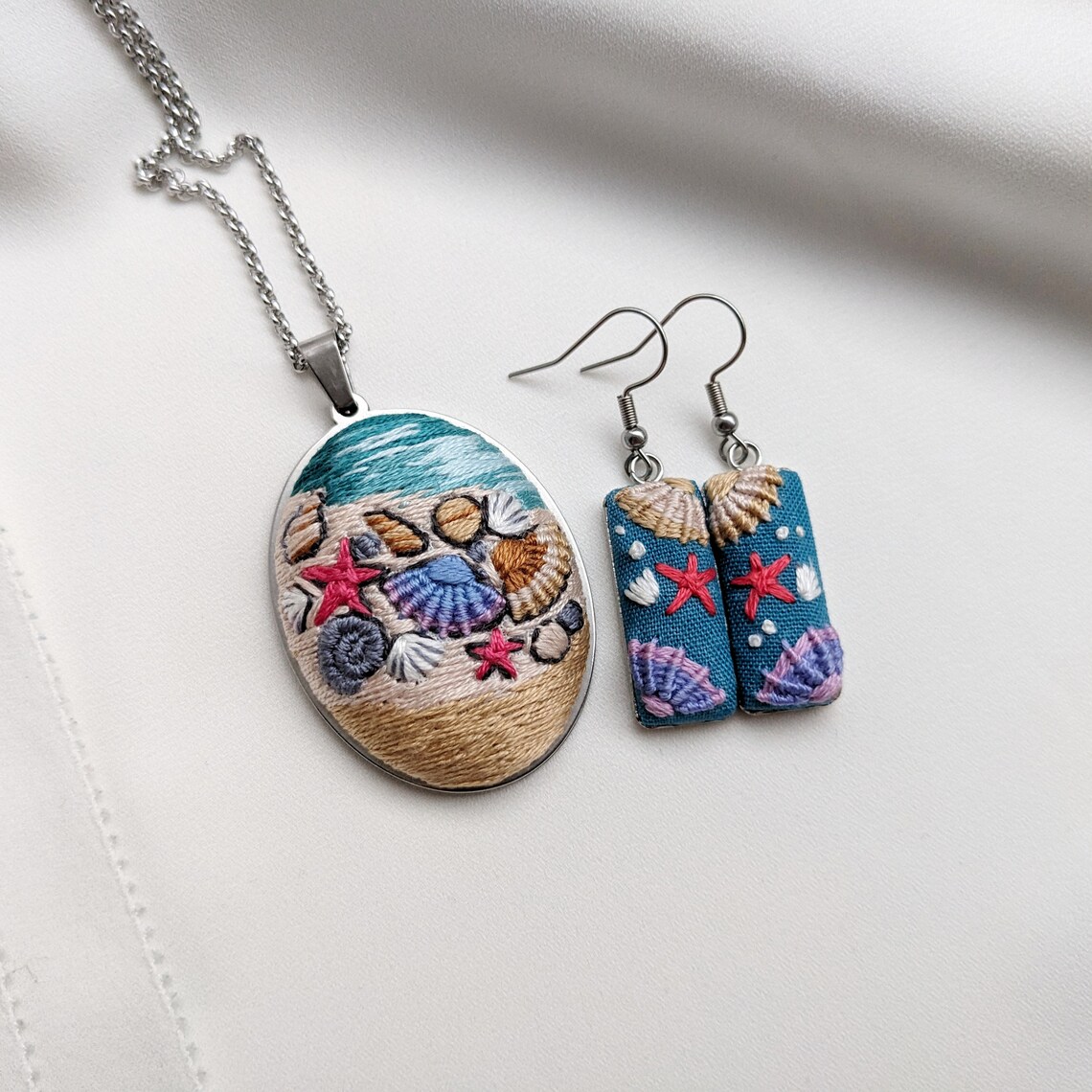 Hand Embroidered Jewelry, Ocean, Landscape Embroidered Jewelry Set ...