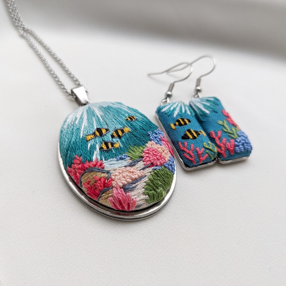 Hand Embroidered Jewelry, Ocean, Landscape Embroidered Jewelry Set ...