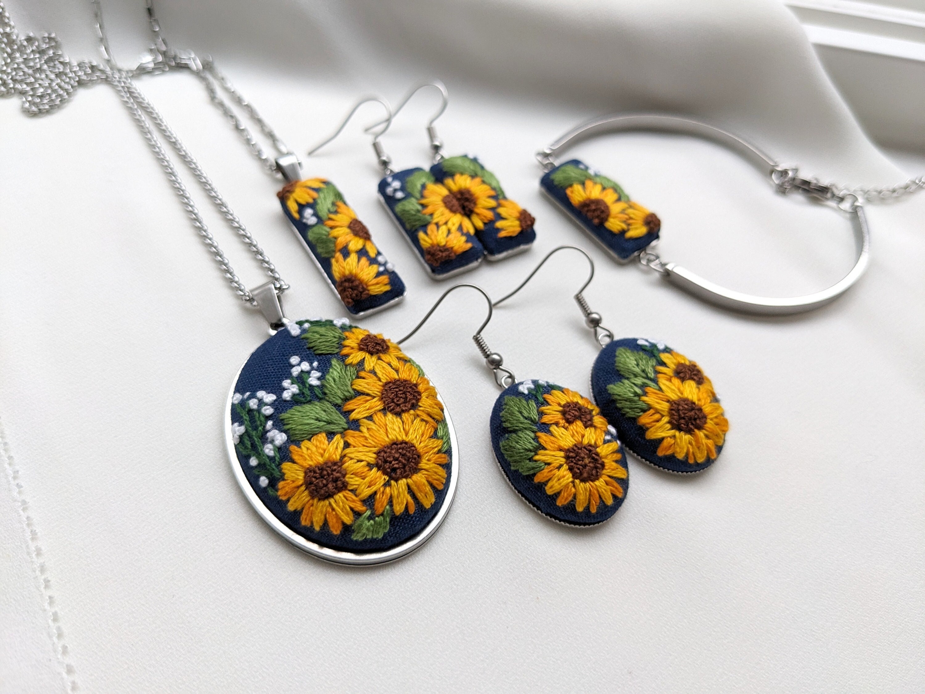 Hand Embroidered Jewelry, Sunflower, Earrings, Necklace, Bracelet ...