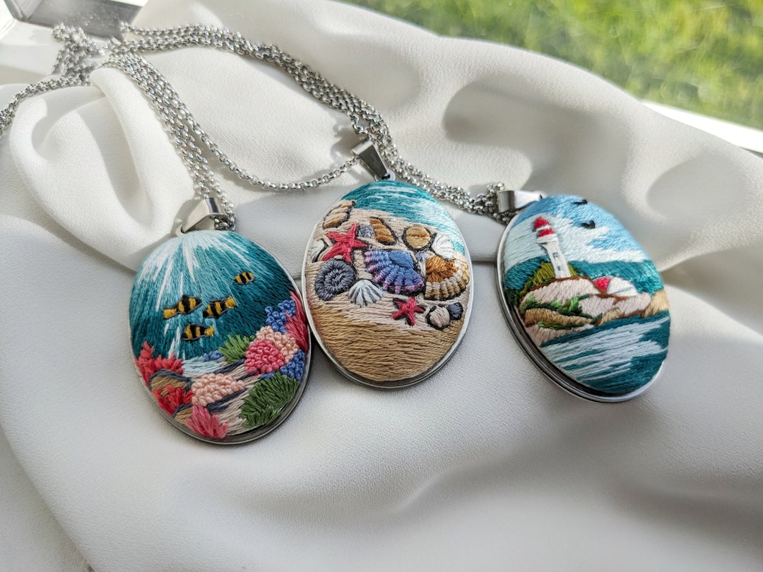Hand Embroidered Jewelry, Ocean, Landscape Embroidered Jewelry Set ...