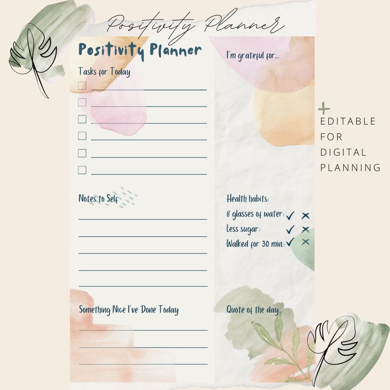 Positivity Planner / Printable and Editable/ 4 Sizes A4, A5, Letter ...