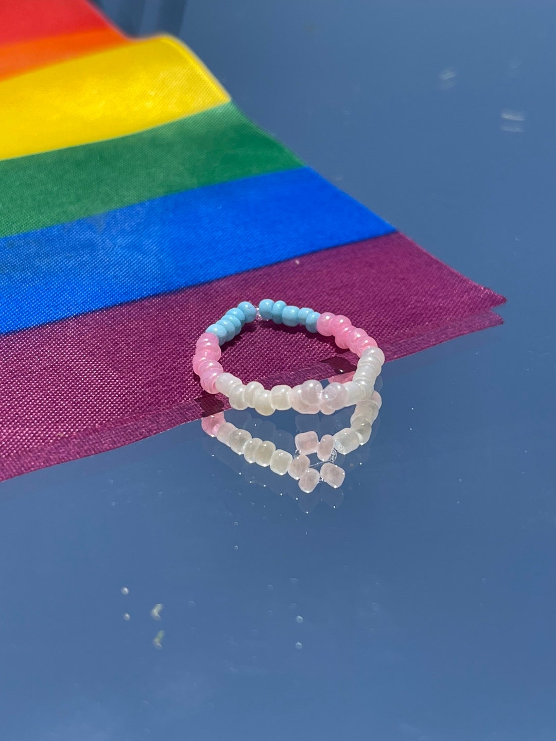 Pride Rings, Trans Flag Inspired Rings, LGBTQ+ Rings, Beaded Flower ...