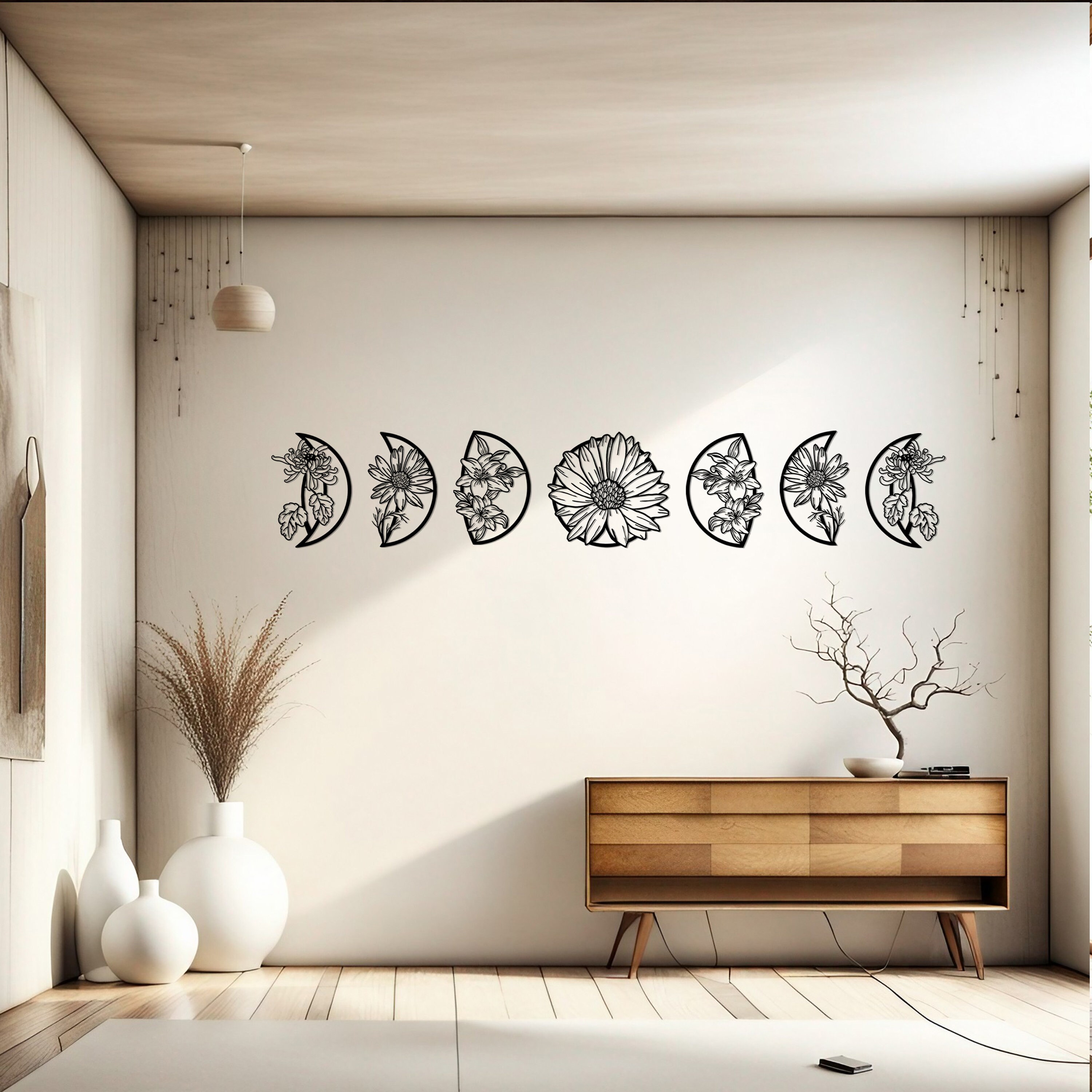 Moon Phases Floral Wall Art Set, Metal Moon Phases Decor, Celestial ...