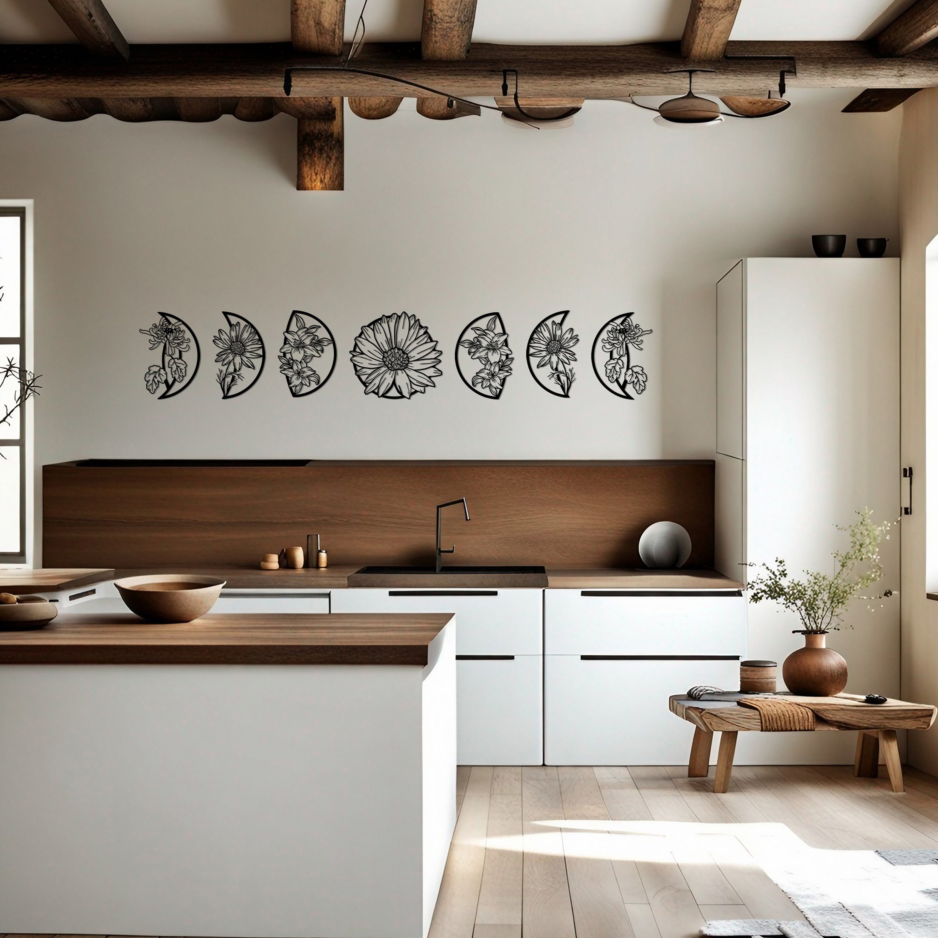 Moon Phases Floral Wall Art Set, Metal Moon Phases Decor, Celestial ...