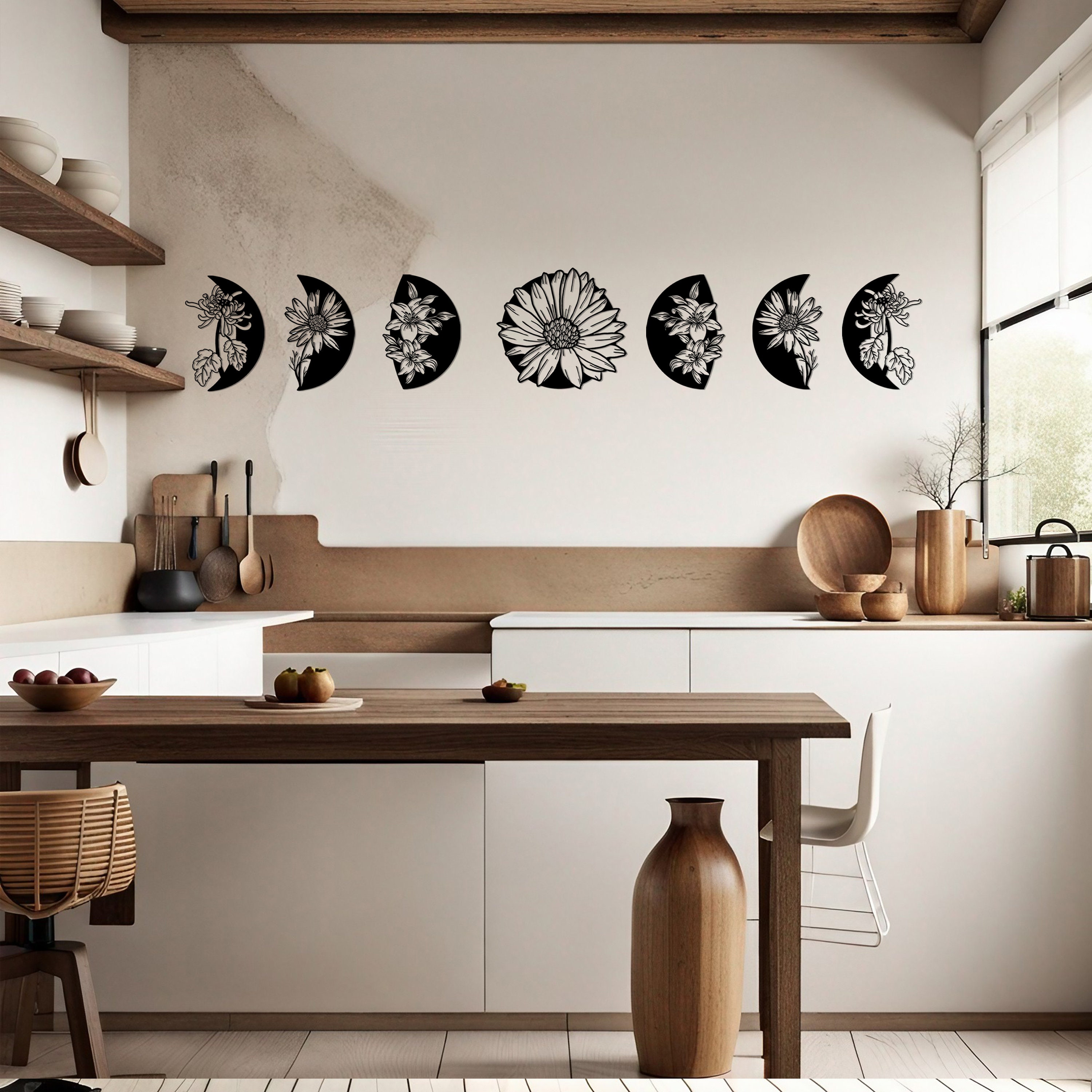 Set of 7 Flower Moon Phase Wall Decor, Moon Wall Hanging, Metal Moon ...