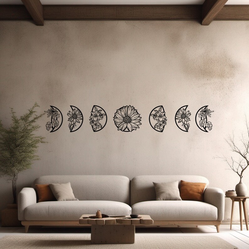 Moon Phases Floral Wall Art Set, Metal Moon Phases Decor, Celestial ...