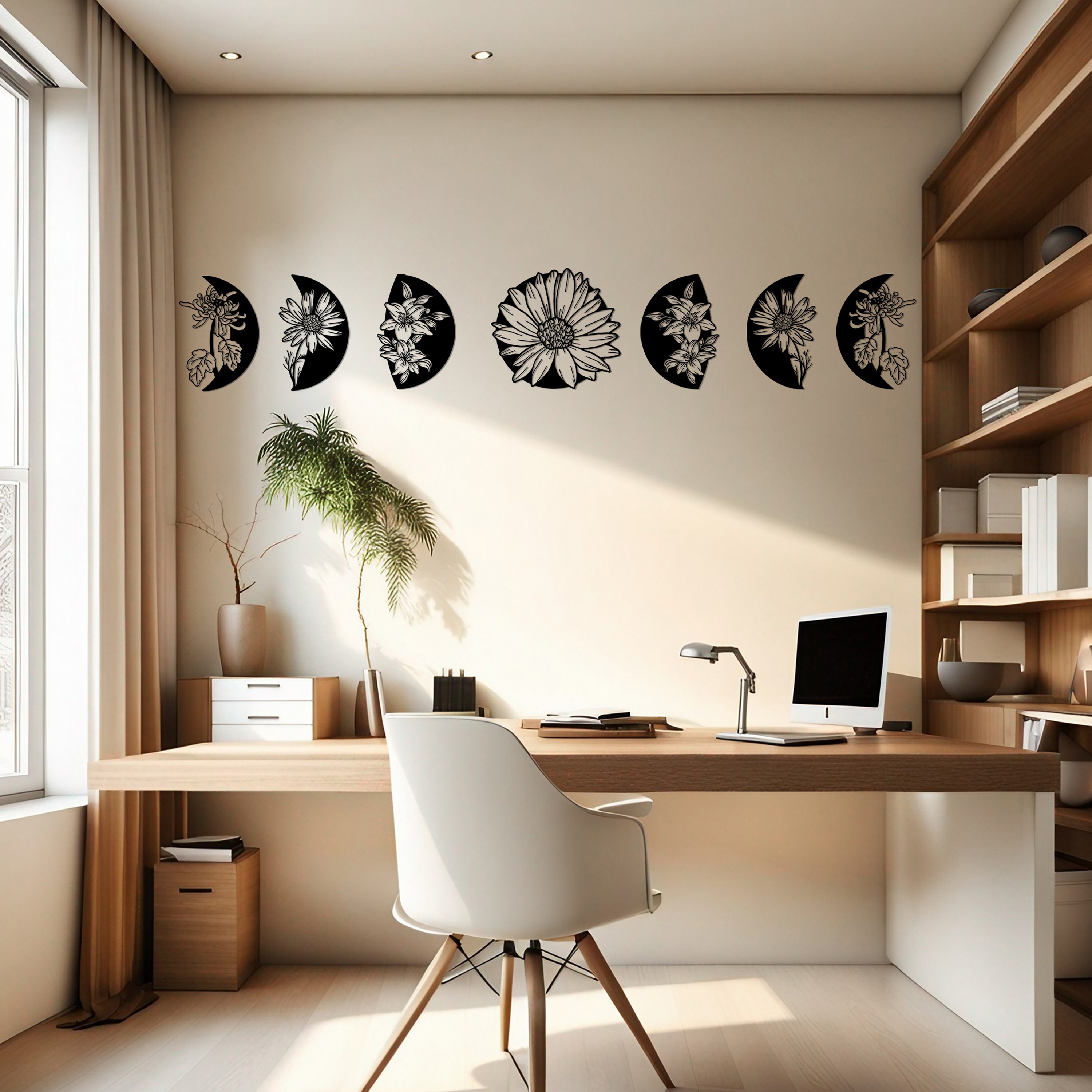 Set of 7 Flower Moon Phase Wall Decor, Moon Wall Hanging, Metal Moon ...