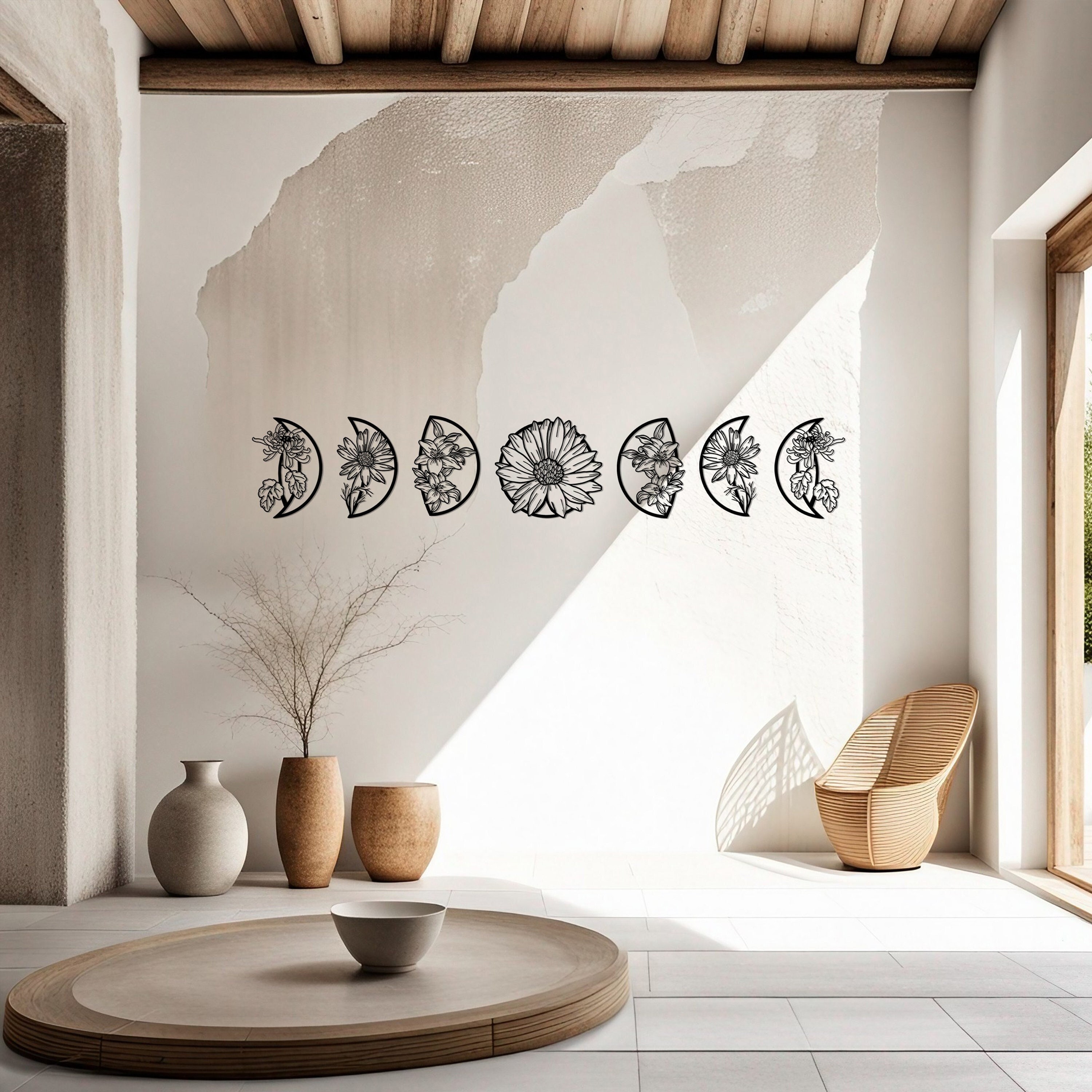 Moon Phases Floral Wall Art Set, Metal Moon Phases Decor, Celestial ...