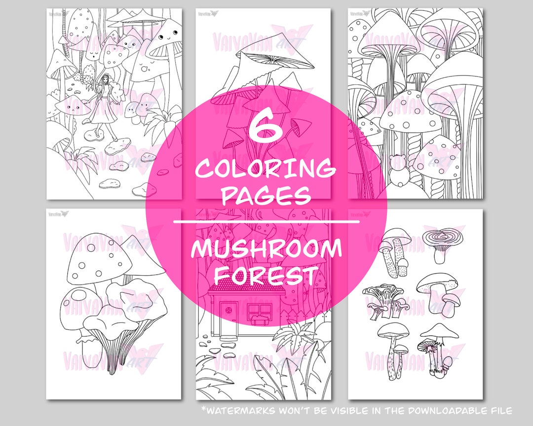 6 Printable Coloring Pages for Adults and Children / Mushroom Forest ...