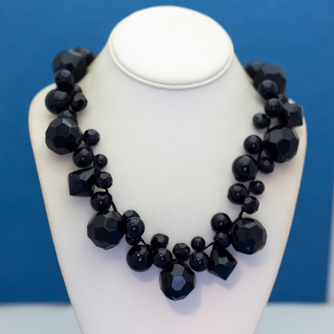 30 Inch, Vintage Black Gothic Bead Stones Unique Beaded Necklace - M36 ...