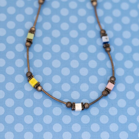 16 inch, Vintage Colorful Square With Ball Beads Silv… - Gem