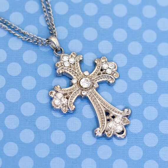 18 inch, Vintage Rhinestone Symbolic Cross Necklace -… - Gem