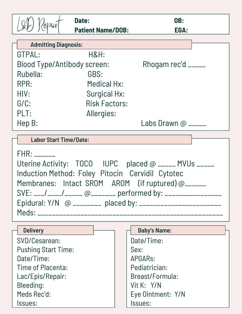Labor and Delivery Nurse Report Sheet Digital Download PDF - Etsy