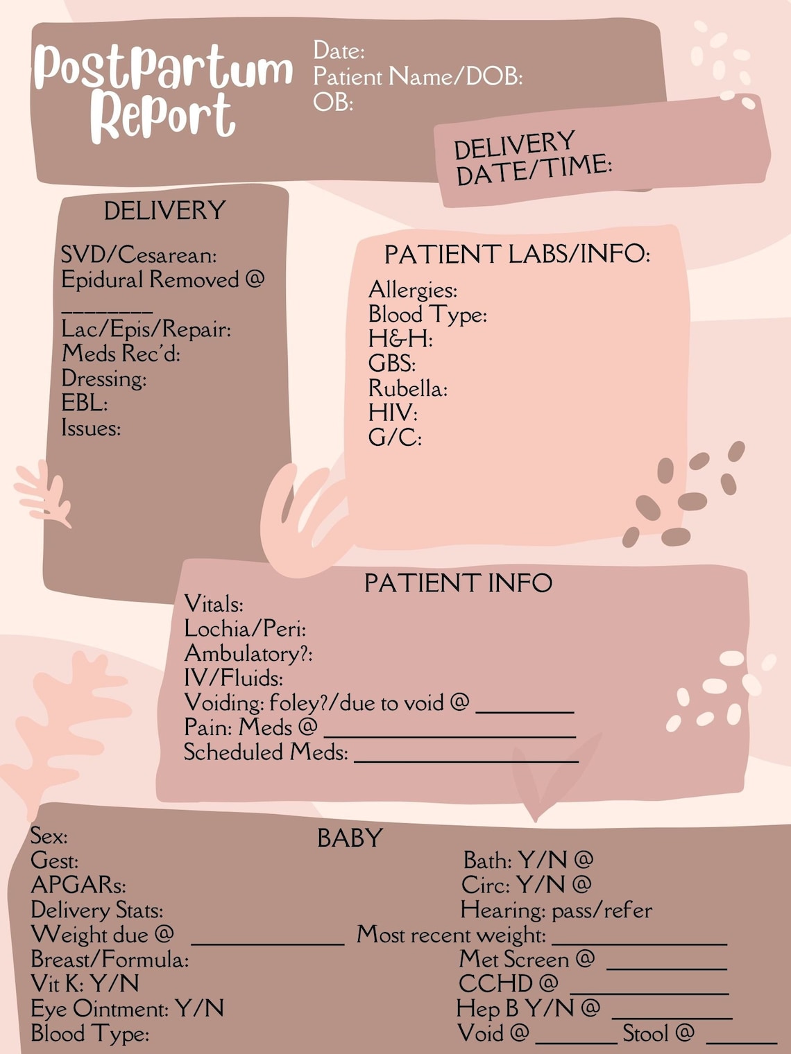 Postpartum Report Sheet Template Downloadable PDF - Etsy