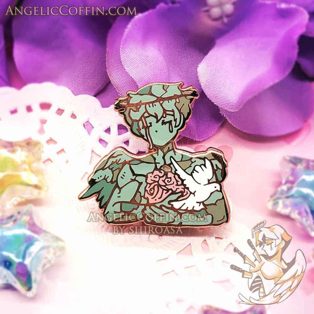 Crying Angel Statue Enamel Pin, Broken Statue Pin, Pink Roses, Rose ...