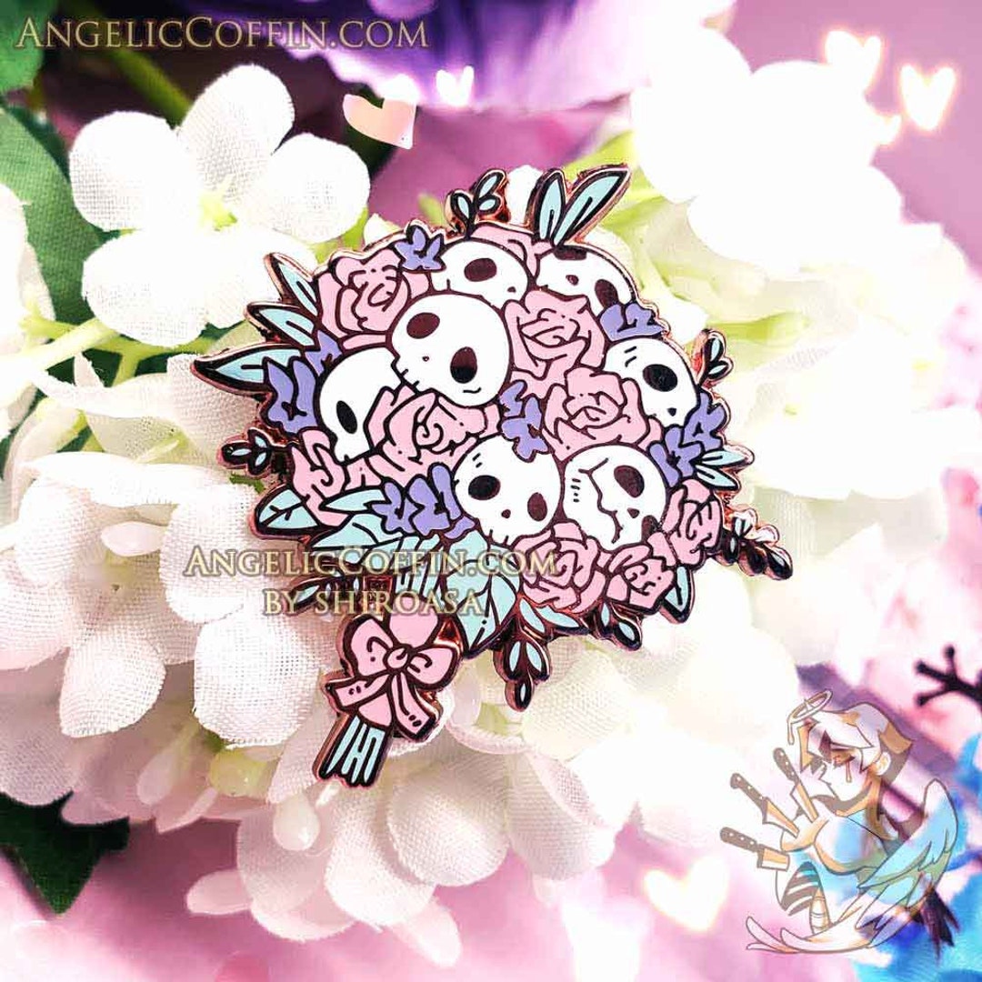 Skull Bouquet Enamel Pin, Creepy Cute Pin, Pastel Goth Pin, Kawaii ...