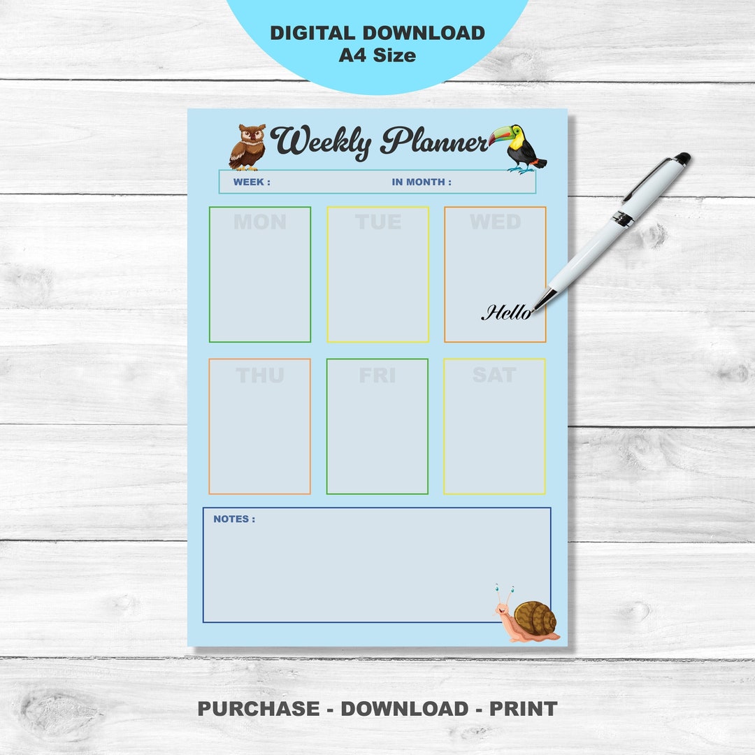 Animal Printable Kids Weekly Planner and Notes, Printable Weekly ...