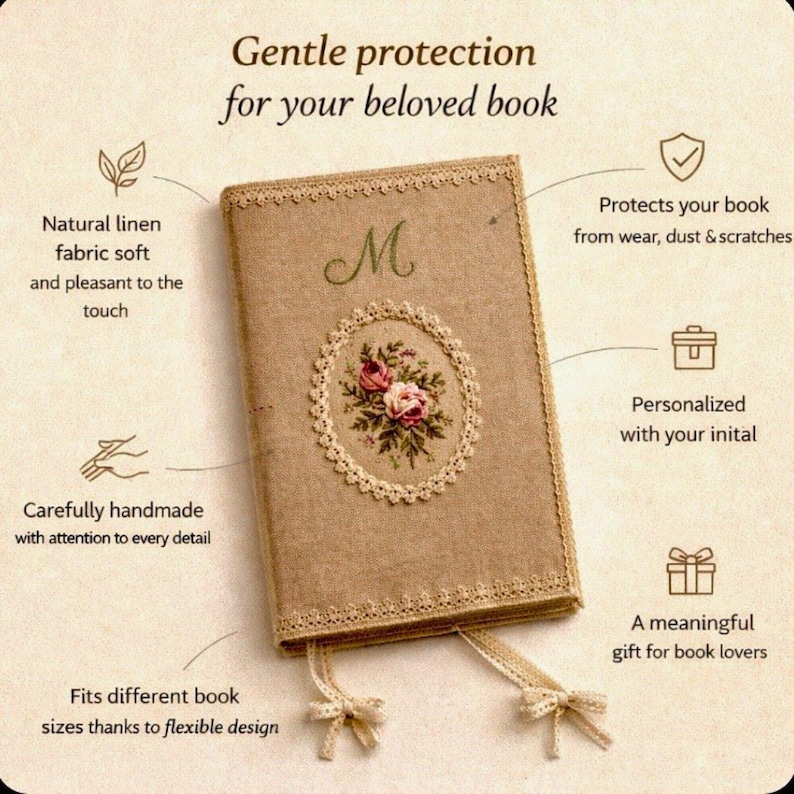 Embroidered Book Cover Personalized, Linen Book Sleeve, Gift for Book ...