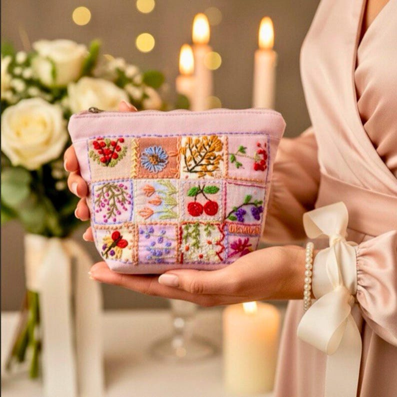 Bridesmaid & Wedding Makeup Bag – Hand-embroidered Linen Pouch ...