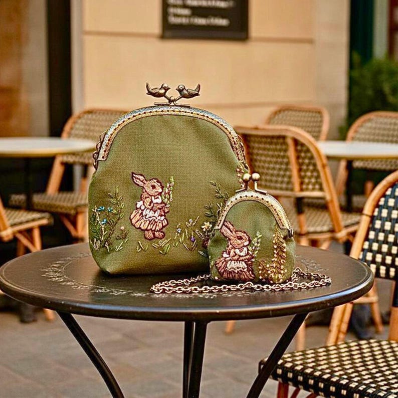 Cottagecore Linen Bag and Coin Purse Set, Handmade Embroidered Bunny ...