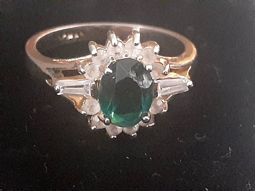 Roman Emerald Green Style Gold Tone Ring With Baguette and Round ...