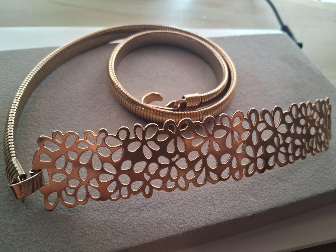 Flexible Omega Gold-tone Metal Belt W/floral Laser Cut Pattern Accent ...