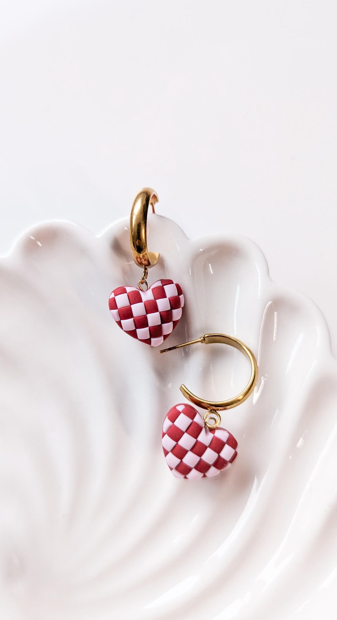 Sweetheart Checkered Earrings Handmade Clay Heart Hoops Checkered Heart ...