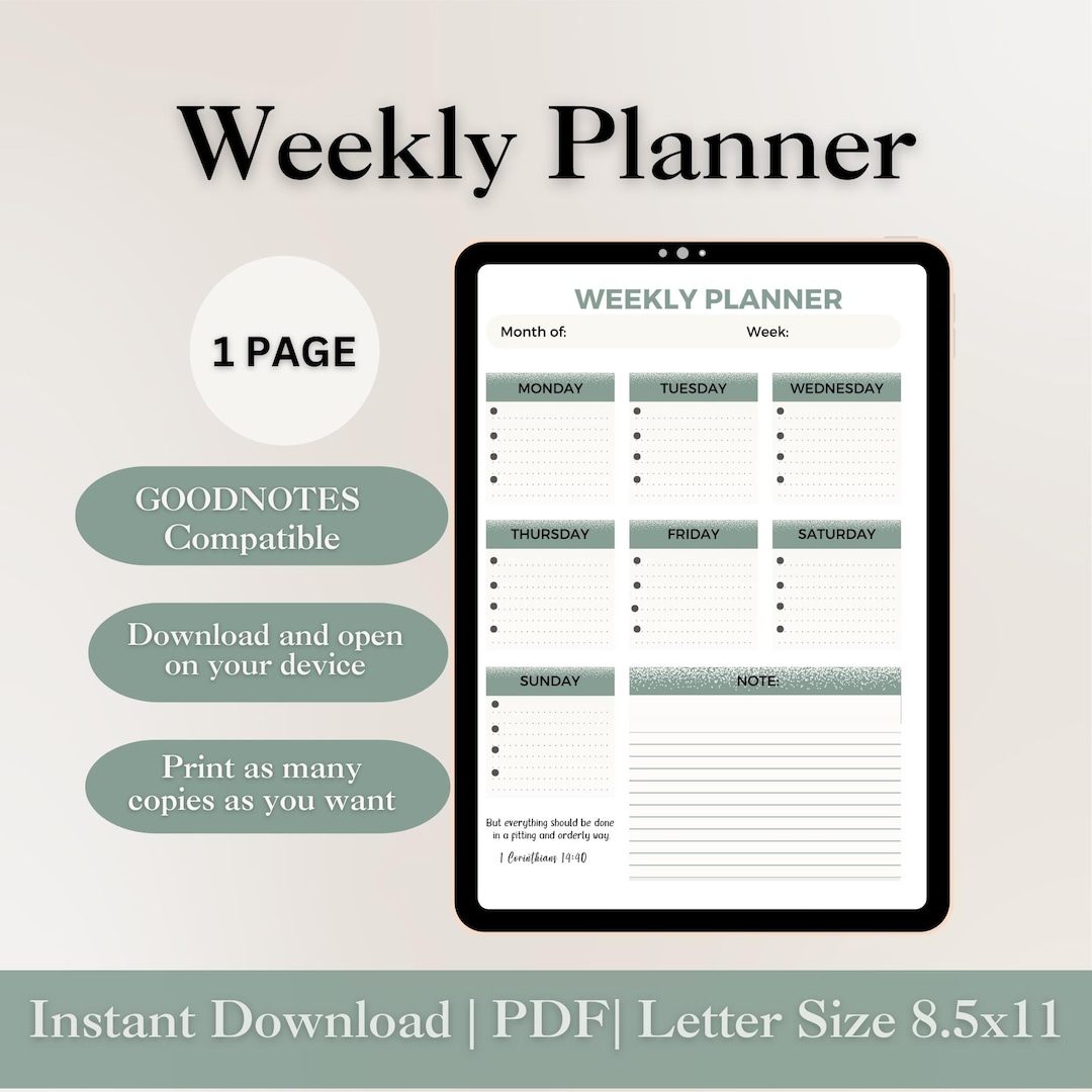 Printable Weekly Planner, One-page Weekly Organizer, Weekly Schedule ...