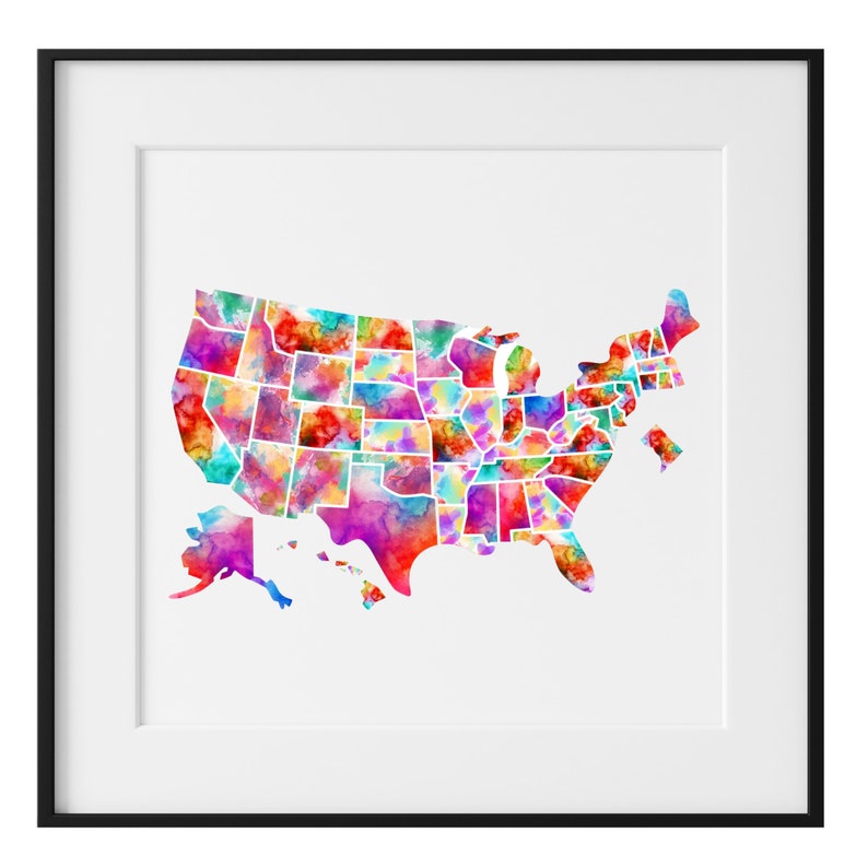 United States Map, USA Watercolor Map, Home Office Wall Decor, Travel ...
