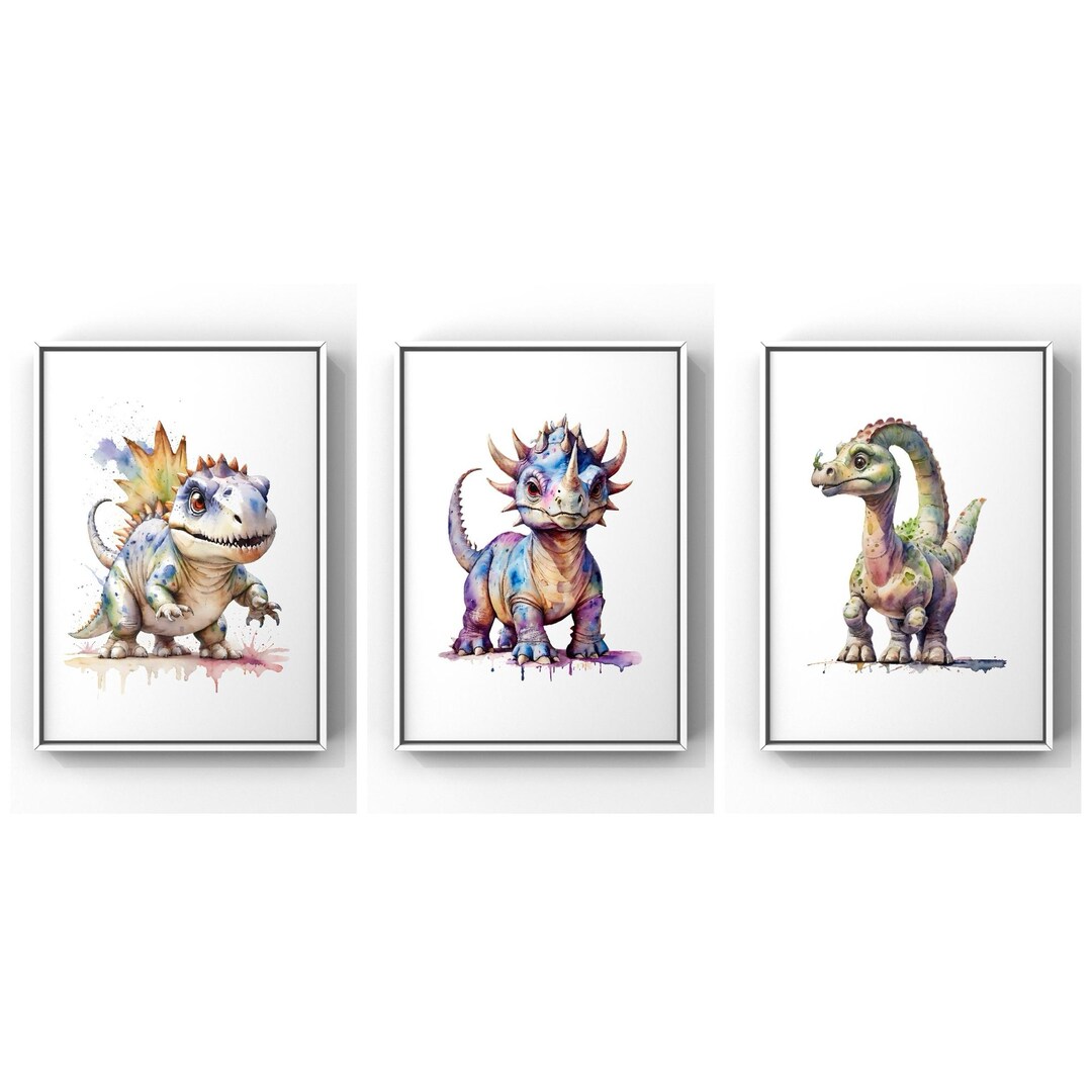 Set of 3 Dinosaur Posters, Dinosaur Prints, Watercolor Dinosaur Nursery ...