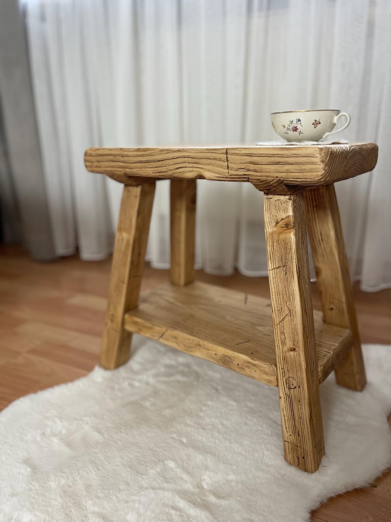 Wooden Rustic Stool With a Shelf, Solid Wood Handmade Farmhouse Side ...