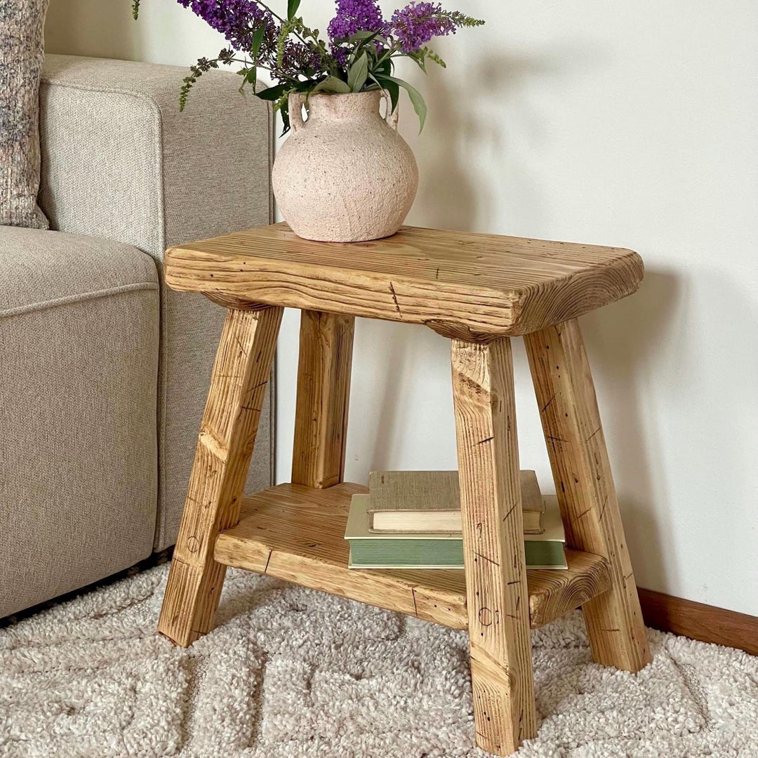 Wooden Rustic Stool With a Shelf, Solid Wood Handmade Farmhouse Side ...