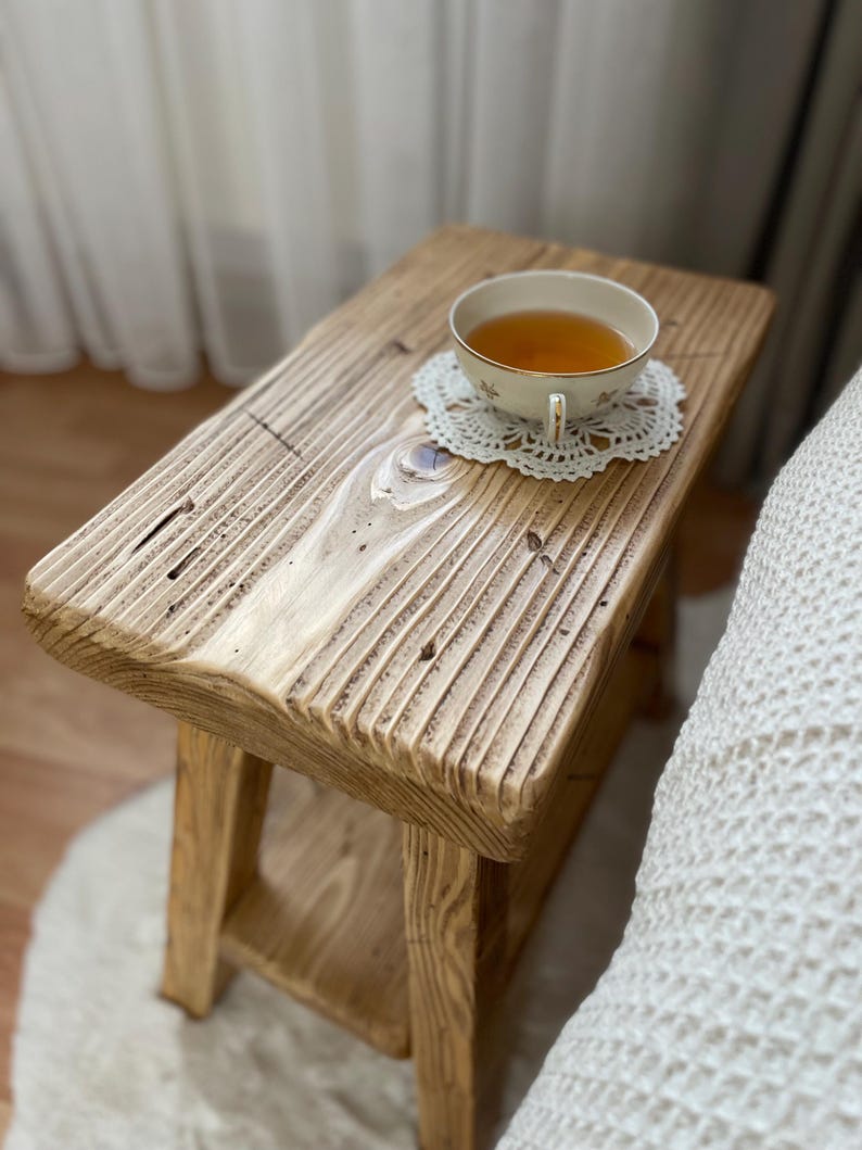 Wooden Rustic Stool With a Shelf, Solid Wood Handmade Farmhouse Side ...