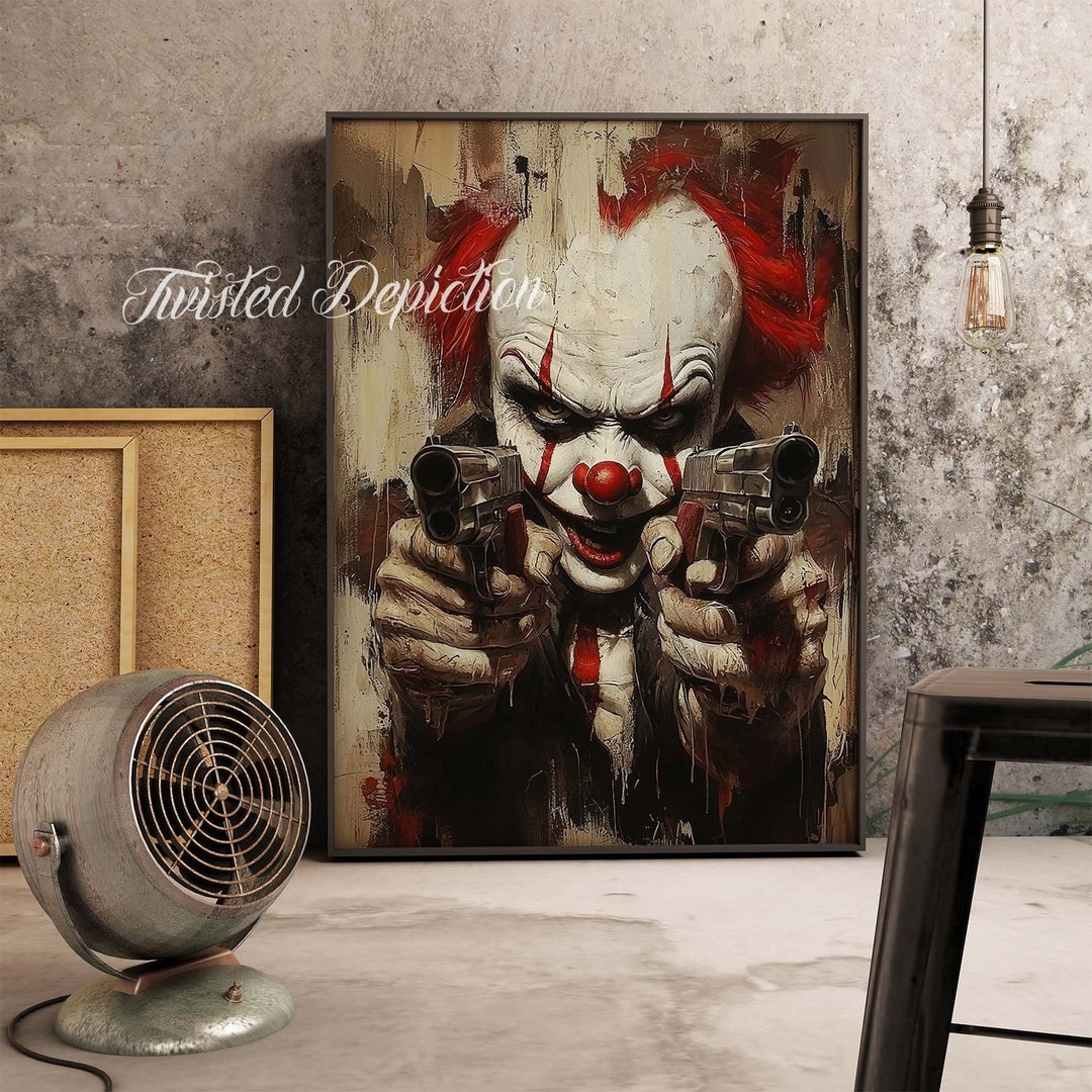 TRIGGER HAPPY Clown Art, Clown With Guns Painting. Framed Fine Art ...