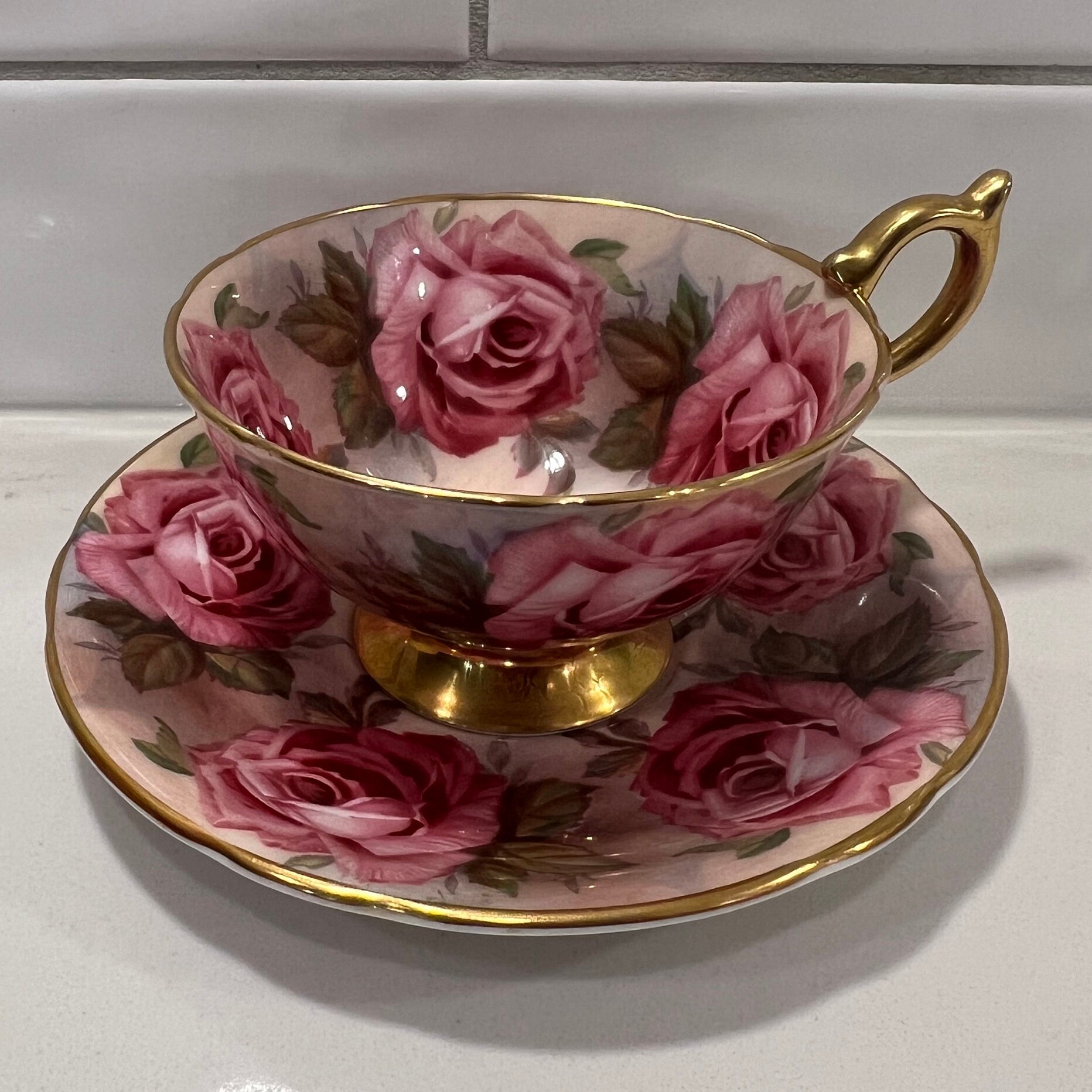 Very Rare Aynsley Teacup and Saucer With 13 Pink Cabbage Roses Rare ...