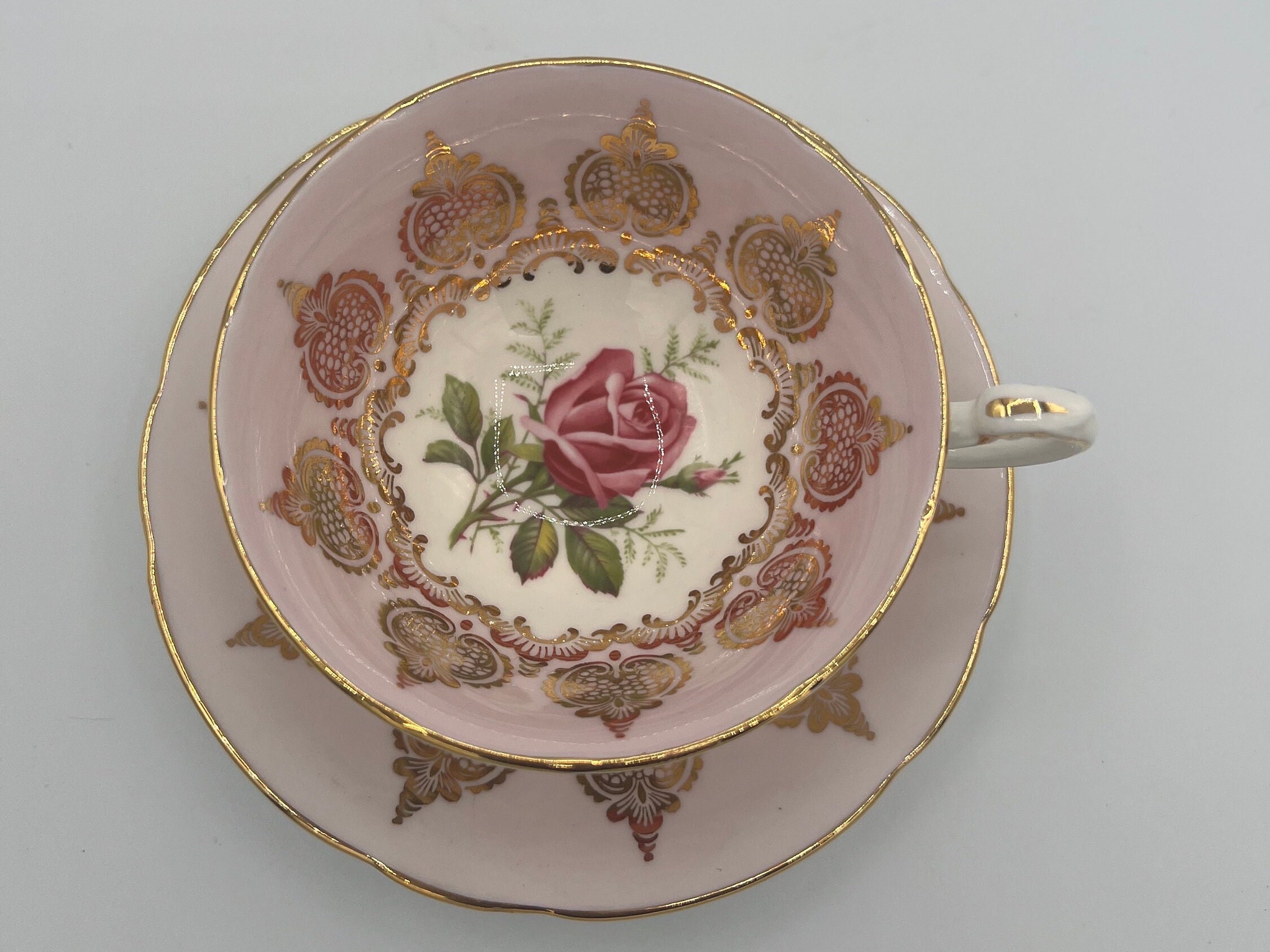Paragon Cabbage Rose Pink Teacup and Saucer With Gold Design and Gold ...