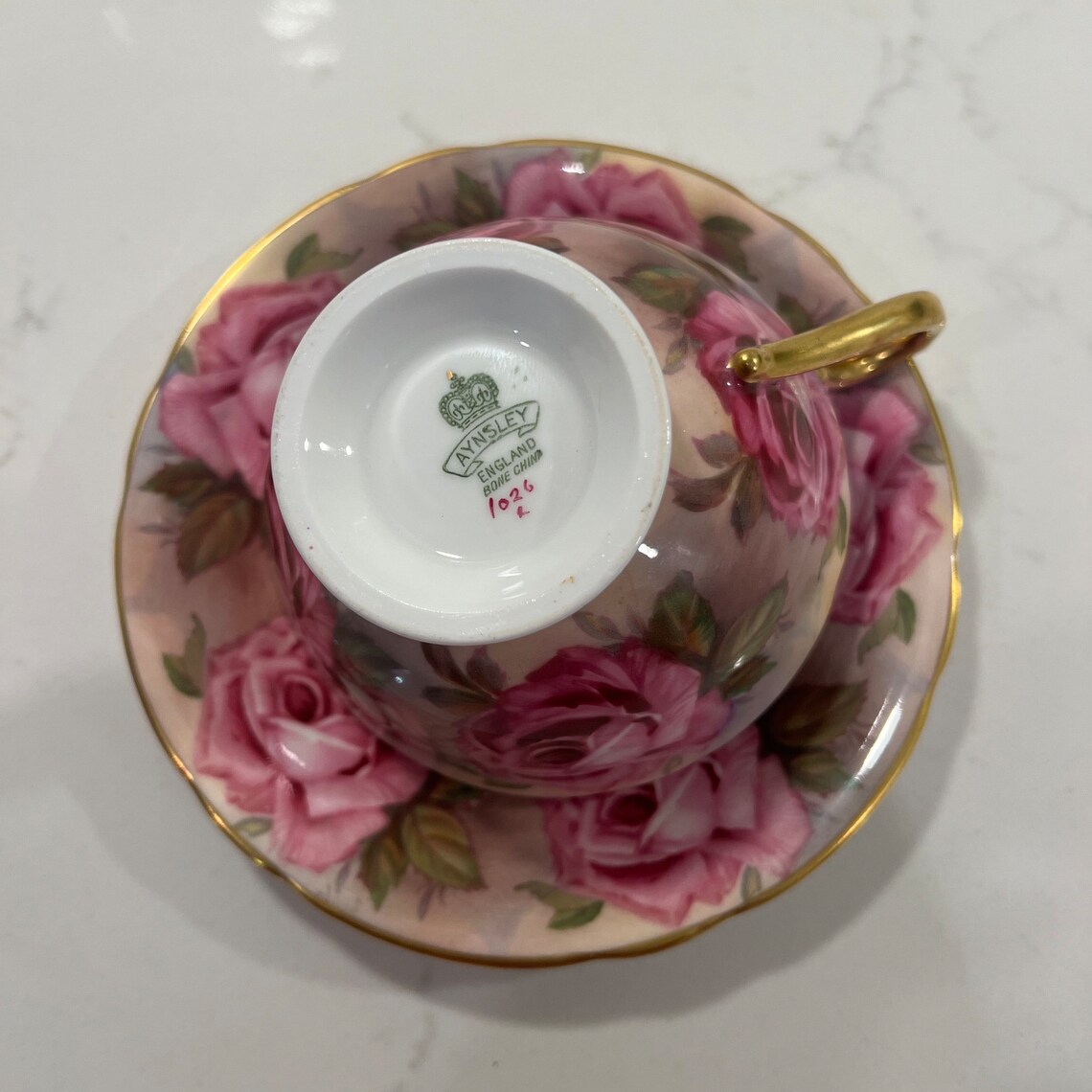 Very Rare Aynsley Teacup and Saucer With 13 Pink Cabbage Roses Rare ...
