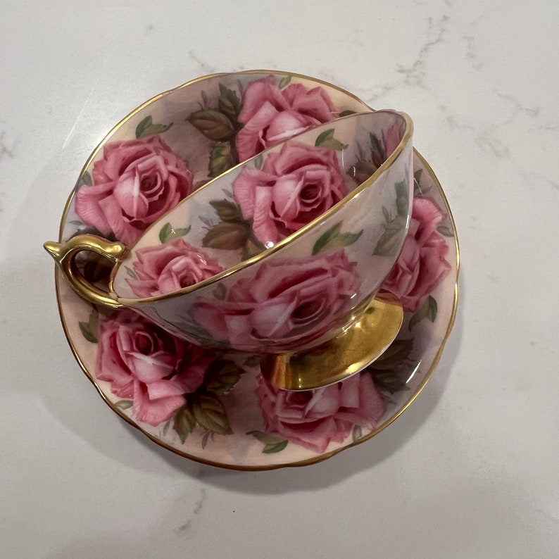 Very Rare Aynsley Teacup and Saucer With 13 Pink Cabbage Roses Rare ...