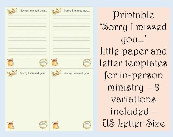 JW 'sorry I Missed You..' Little Printable Writing US LETTER Paper ...