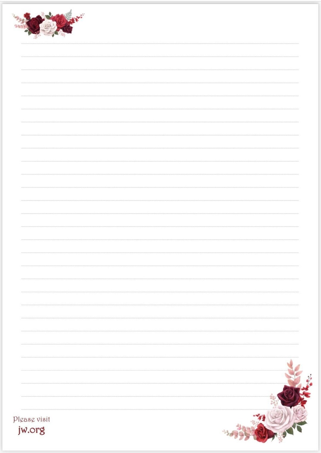 JW Letter Writing Templates With a Red Roses Design Lined Unlined With ...