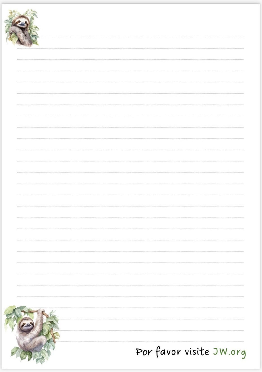 Español JW Spanish Letter Writing Paper Template Featuring a Cute Sloth ...